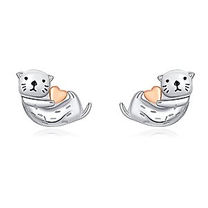 Sea Otter Stud Earrings 925 Sterling Silver Post Tiny Cute Animal Promise Love Heart Statement for Women Small Cartilage Piercing Jewelry Delicate Lovely Gifts Daughter Niece Birthday Xmas