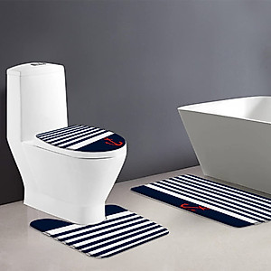 Nautical Anchor Bath Mat Red Anchors Navy Blue White Stripe Tropical Ocean Sea Life Creative Navigation Art Microfiber Memory Foam Absorbent Rug Floor Mats Bathroom Decor,Navy Blue White