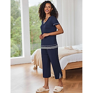 Ekouaer Capri Pajama Sets for Women Capri Pants with Short Tops Sleepwear Ladies Sleep Sets Short Sleeve Pjs Sets Soft Two Piece Loungewear Sets Navy Blue