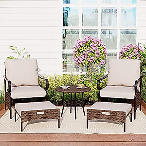 MFSTUDIO 5 Pieces Wicker Patio Furniture Set, 2 x Chair, 2 x Ottoman, 1 x Side Table, Outdoor Conversation Sets for Balcony Porch Garden