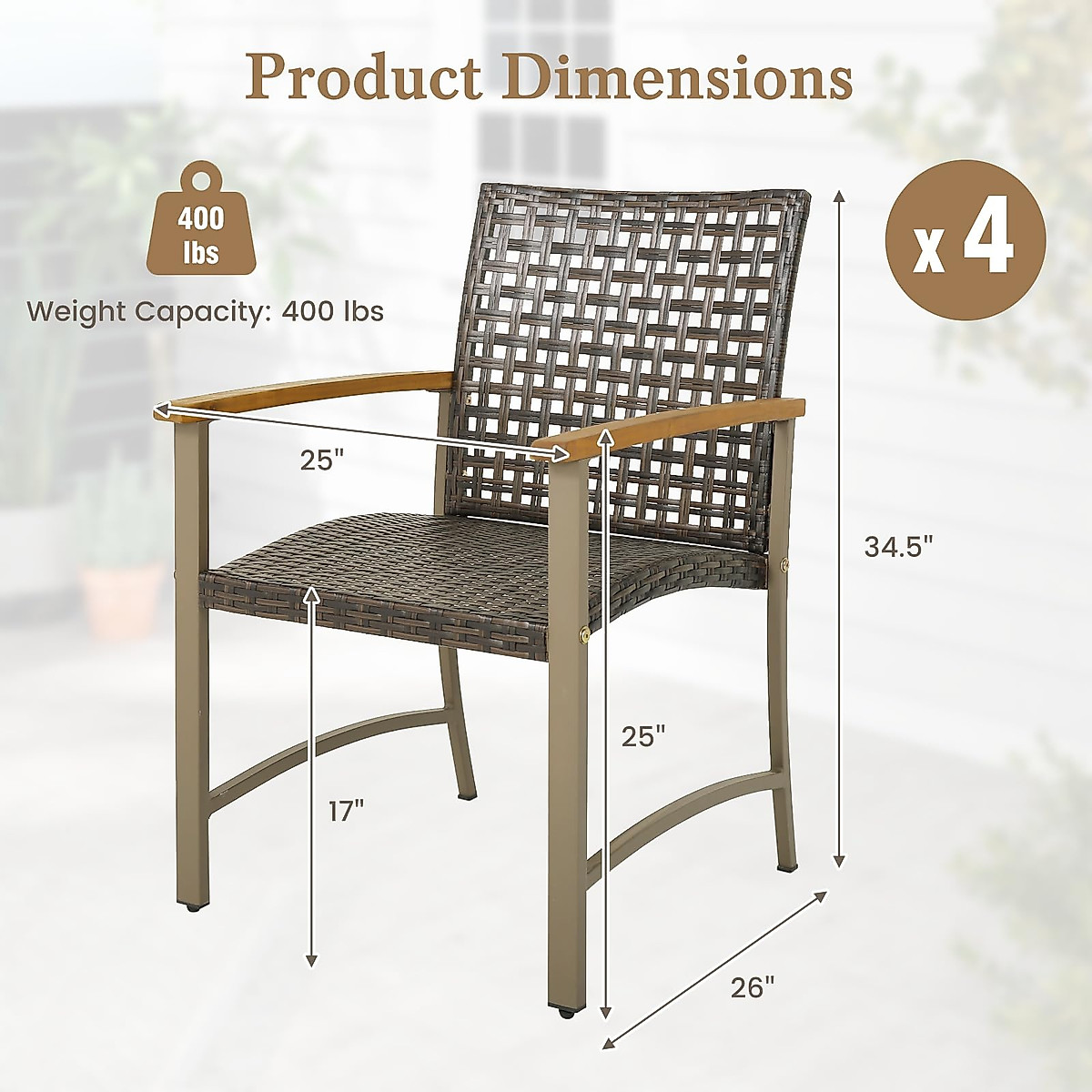 Tangkula Patio Dining Chairs Set of 4, Outdoor PE Wicker & Heavy-Duty Metal Chairs with Acacia Wood Armrests, Outdoor Rattan Armchairs for Garden, Backyard, Poolside, Balcony (Mix Brown)