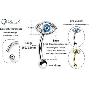 OUFER 16G Rook Earrings, 316L Surgical Steel Eyes Rook Piercing Jewelry, Clear CZ Paved Eyebrow Rings, Curved Barbells, Vertical Labret Lip Piercing Jewelry