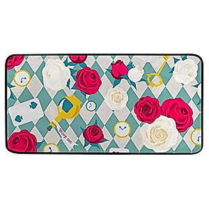 Kuizee Kitchen Rug Kitchen Mat Roses Card Key Clock Alice in Wonderland Blue Bathroom Rug Hallway Entry Rugs Non Slip Soft Water Absorbent 39×20 Inch