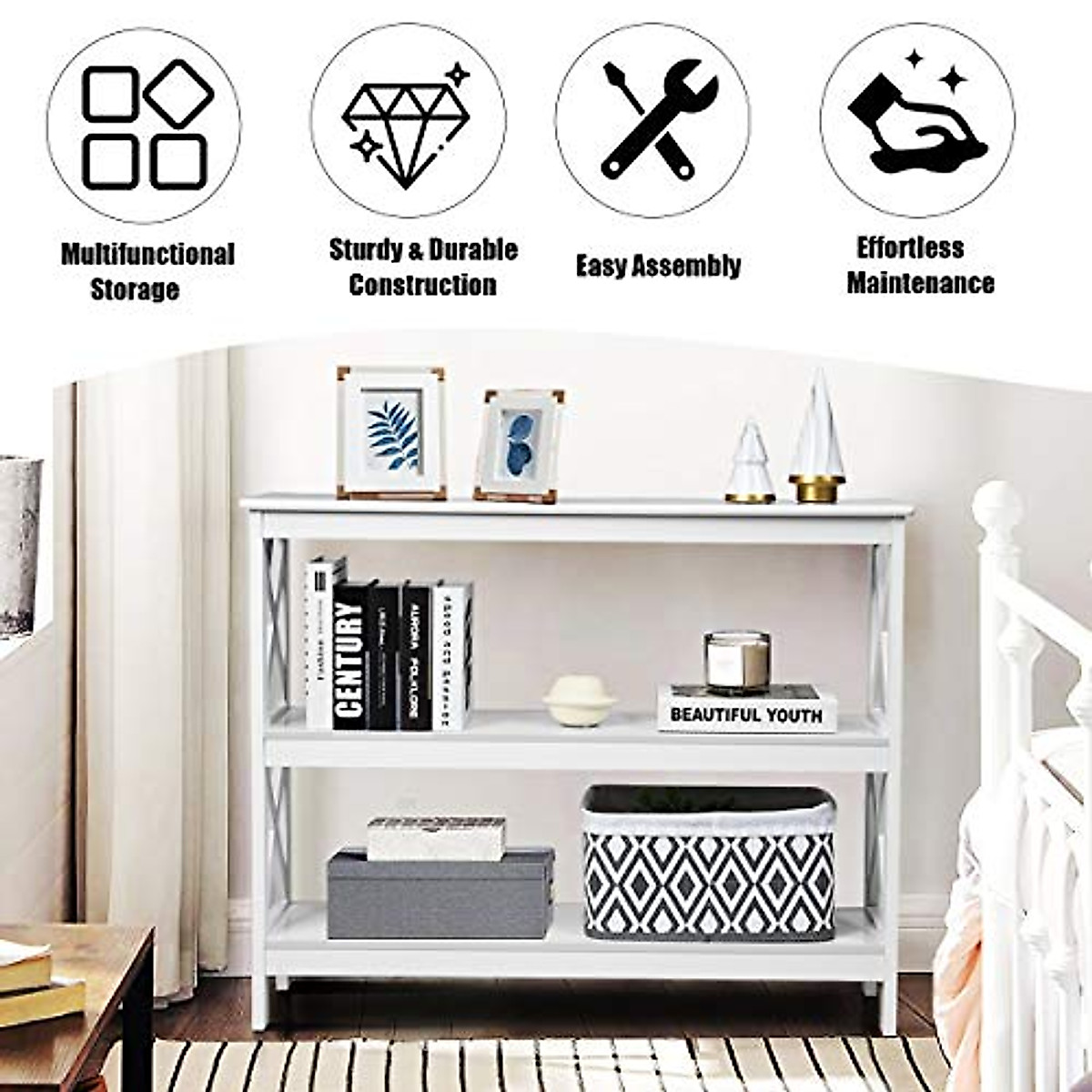 Giantex 3-Tier Narrow Console Table, Rustic Sofa Table with Storage Shelf, X-Design Bookshelf, Skinny Foyer Table, Behind Couch Table, Entryway Table for Hallway Living Room, Entry Table, White