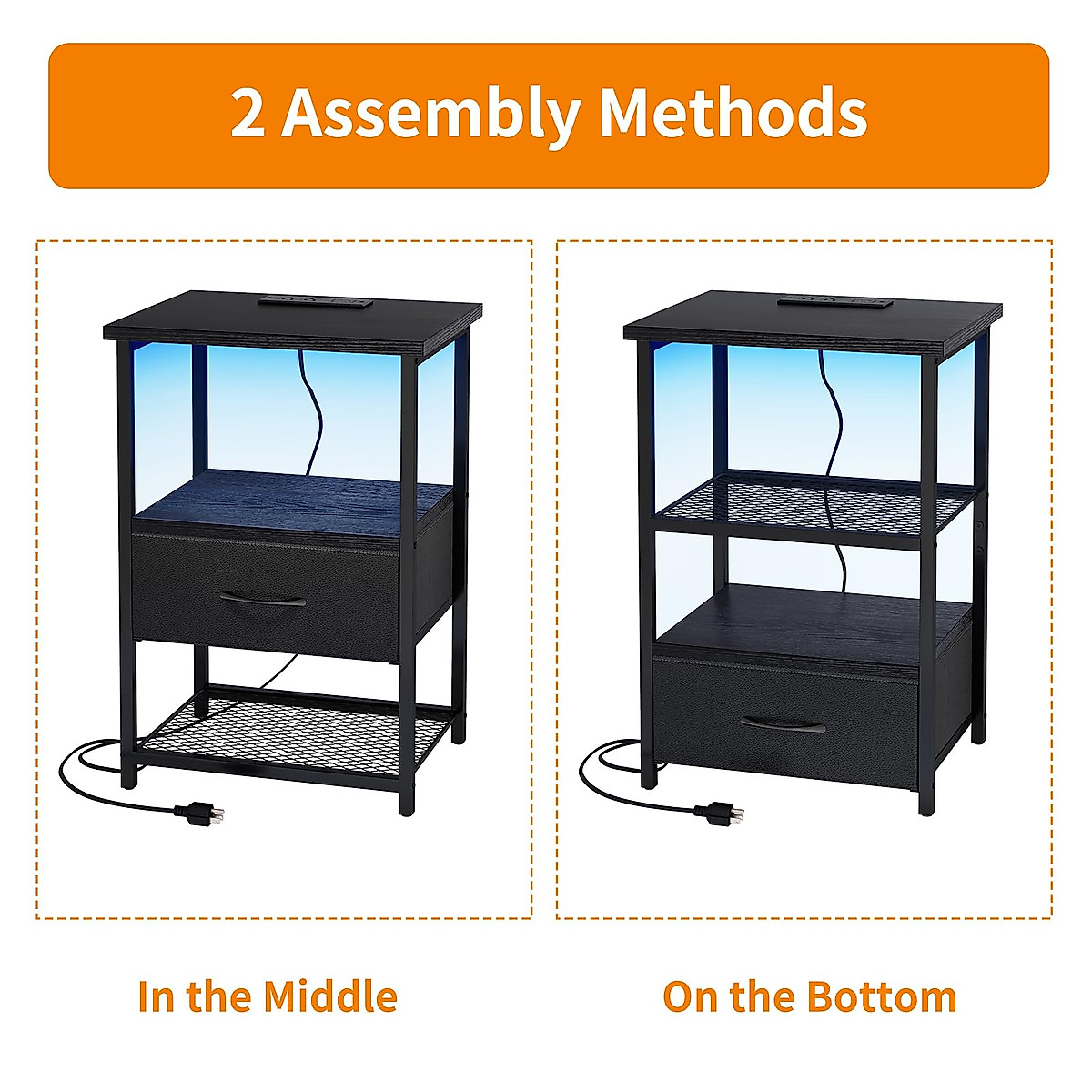 Fixwal Night Stand with Charging Station, LED Nightstand with Fabric Drawers, End Table with PU Finish, Bedside Table, Black
