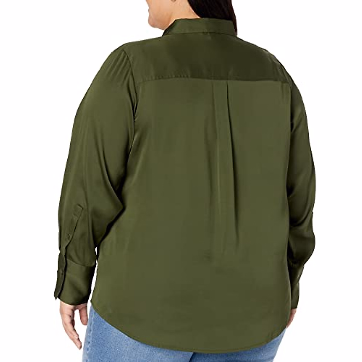 Amazon Essentials Women's Classic-Fit Satin Button Down Blouse (Available in Plus Size), Dark Olive, Medium