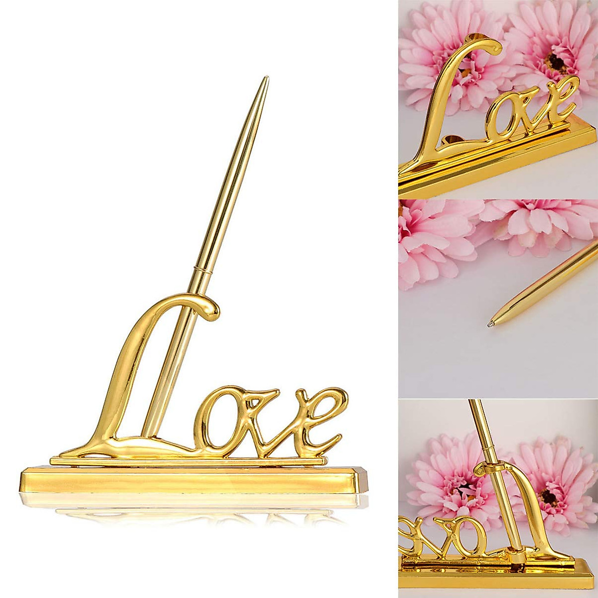 Tinksky Wedding Signing Pen with Gold Plated Metal Love Holder Party Pen Set Wedding Bridal Engagement Valentine's Day Favors (Gold)