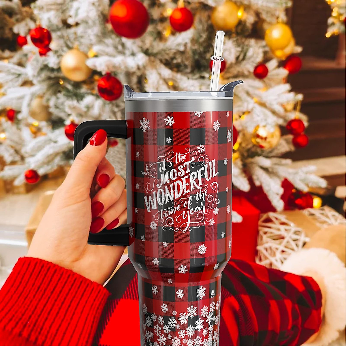 owbgsdh 40 oz Christmas Tumblers with Handle and Straw, Buffalo Snowflakes 40oz Stainless Steel Vacuum Insulated Travel Coffee Mug Cup Water Bottle, Christmas Decor Stuff Accessories Gifts for Women