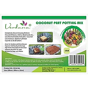 Verdana Coconut Fiber Potting Mix - 10 Lb Compressed Block Brick - Coco Coir, Coco Peat, Coir Pith - Alternative to Peat Moss – Soilless Growing Medium - Low EC, Optimum pH, High Expansion