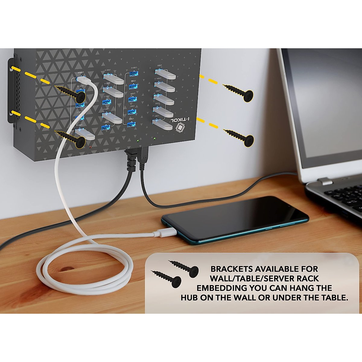 Powered USB Hub – 20 Port USB 3.0 Hub - 5Gbps Sync & High-Speed Data Transfer Multiple USB Splitter with Built-in 5V 40A Power Adapter - Fan & Mounting Brackets for Phone MB Laptop Tablet PC - 110V
