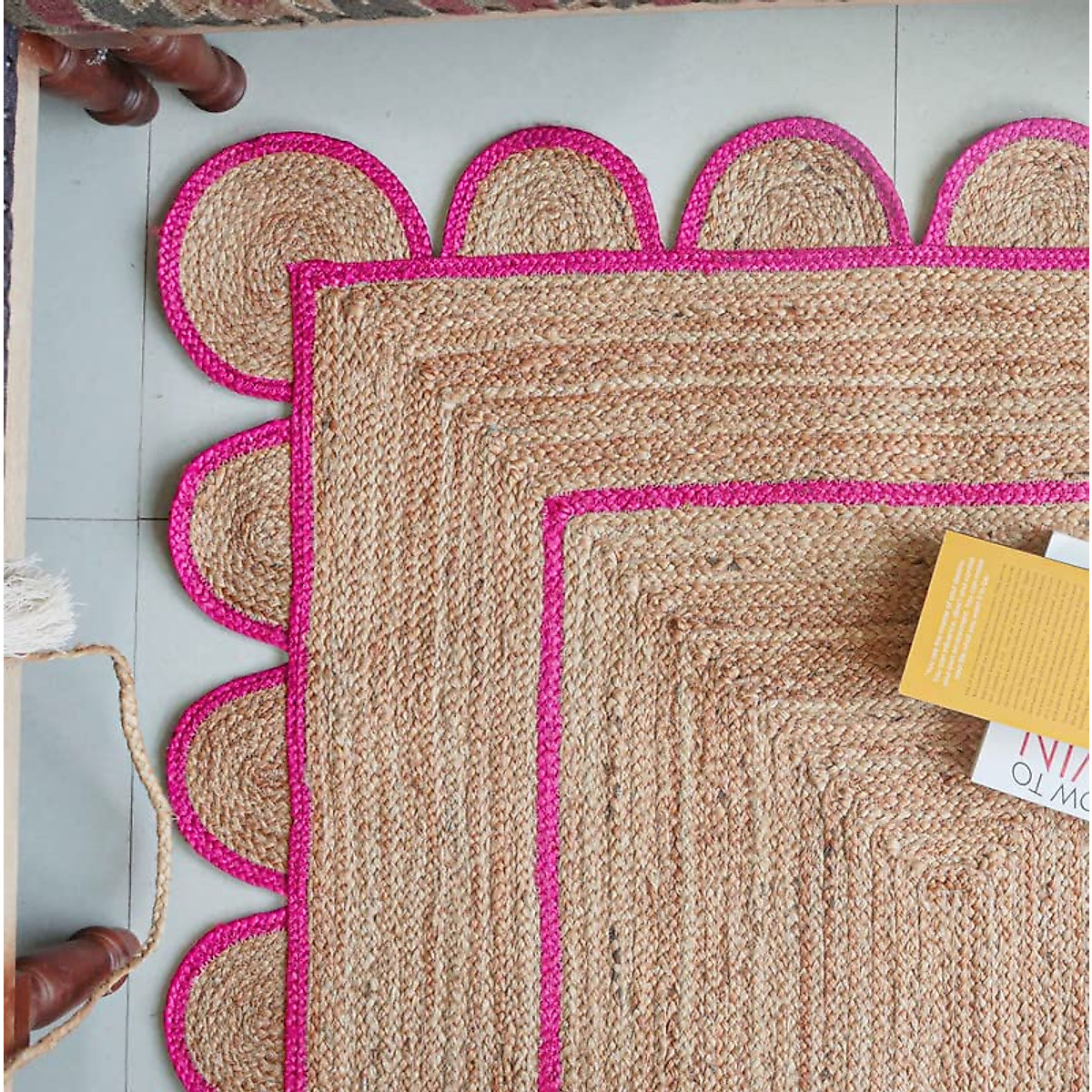 Chouhan Rugs Area Rug Natural Jute Hand Braided Rug Pink Scalloped Runner