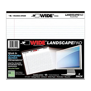 Roaring Spring Wide College Ruled Legal Pad, 2 Pack, 11" x 9.5" 40 Sheets, White, Landscape Orientation Notepads, Made in USA