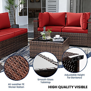UDPATIO Patio Furniture Sets with Fire Pit Table, Modular Rattan Outdoor Conversation Patio Sectional Furniture Sofa Set for Backyard, Deck w/Coffee Table, 8PC Brown/Red (Include Sofa Cover)