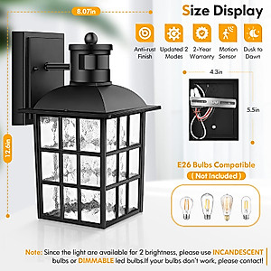 2-Pack Motion Sensor Outdoor Lights, Upgrade Dusk to Dawn Exterior Sensor Light Fixture Wall Mount, Outside Motion Sensor Lights for House Porch Garage Patio, Exterior Black Wall Lanterns Sconces