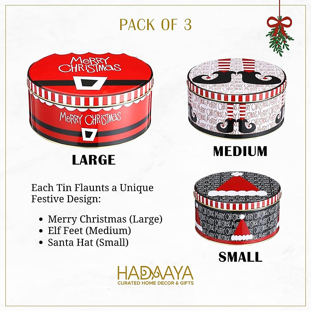 hadaaya Pack of 3 Round Metal Nesting Tins – Stackable Storage Containers with Lids for Kids' Cookies, Candy, Snacks, Crafts & Kitchen – Fun Xmas Elf Hat Design