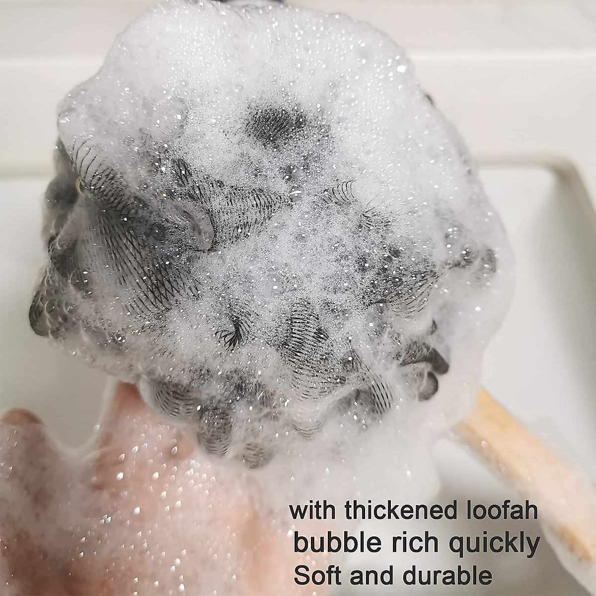 Arswin Shower Sponge Loofah Back Scrubber,Loofah on a Stick,PE Soft Mesh Loofah Body Scrubber with Wooden Handle,Bath Sponge for Women Kids (Black)