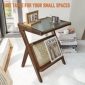 Bamworld Rattan Side Table Boho NightStand Mid Century Modern End Table Glass Bedside Table Small End Tables Bamboo Coffee Table with Storage for Living Room Bedroom