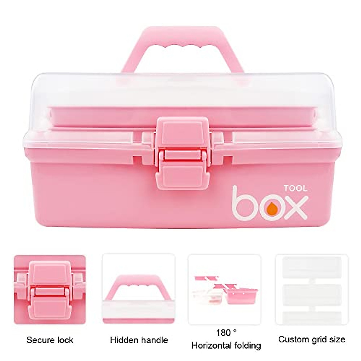 HengLiSam 12'' Three-Layer Clear Plastic Storage Case for Art Craft and Cosmetic, Multipurpose Organizer and Portable Handled Storage Box for Home, School, Office (Pink)