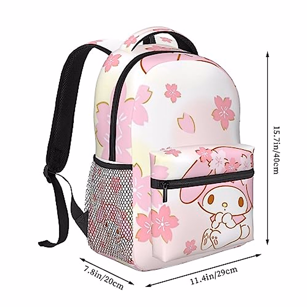 Cute My Bunny Melody And Flowers Backpack Cartoon My Bunny Melody Characters Backpack Double Shoulder Strap Adjustable Durable Laptop Bag Backpacks Lightweight Cute Travel Daypack With Keychain