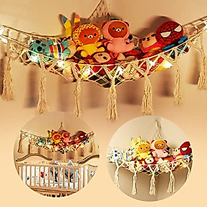Stuffed Animal Storage Net or Hammock with LED Light, Toy Storage Hammock Organizer Net with Hooks for Hanging, Nursery Furniture Boho Plush Net Macrame for Bedroom Playroom Preschool Nursery Decor