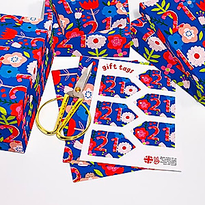 CENTRAL 23 Floral Wrapping Paper - 6 Sheet of Gift Wrap - 21st Wrapping Paper for Her Women Girls - Blue Red - For Girlfriend - Age 21 - Comes with Fun Stickers