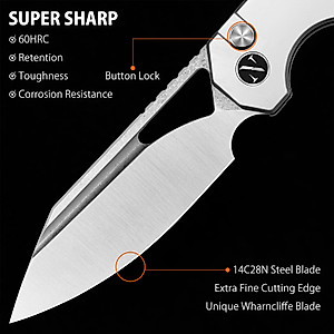 NedFoss COUGAR Folding Pocket Knife, 2.98" Sandvik 14C28N Blade, Lightweight Steel Handle, Sharp Button Lock Knife for EDC, Steel Pocket Clip, Razor Utility knife, Pocket Knife for Men and Women