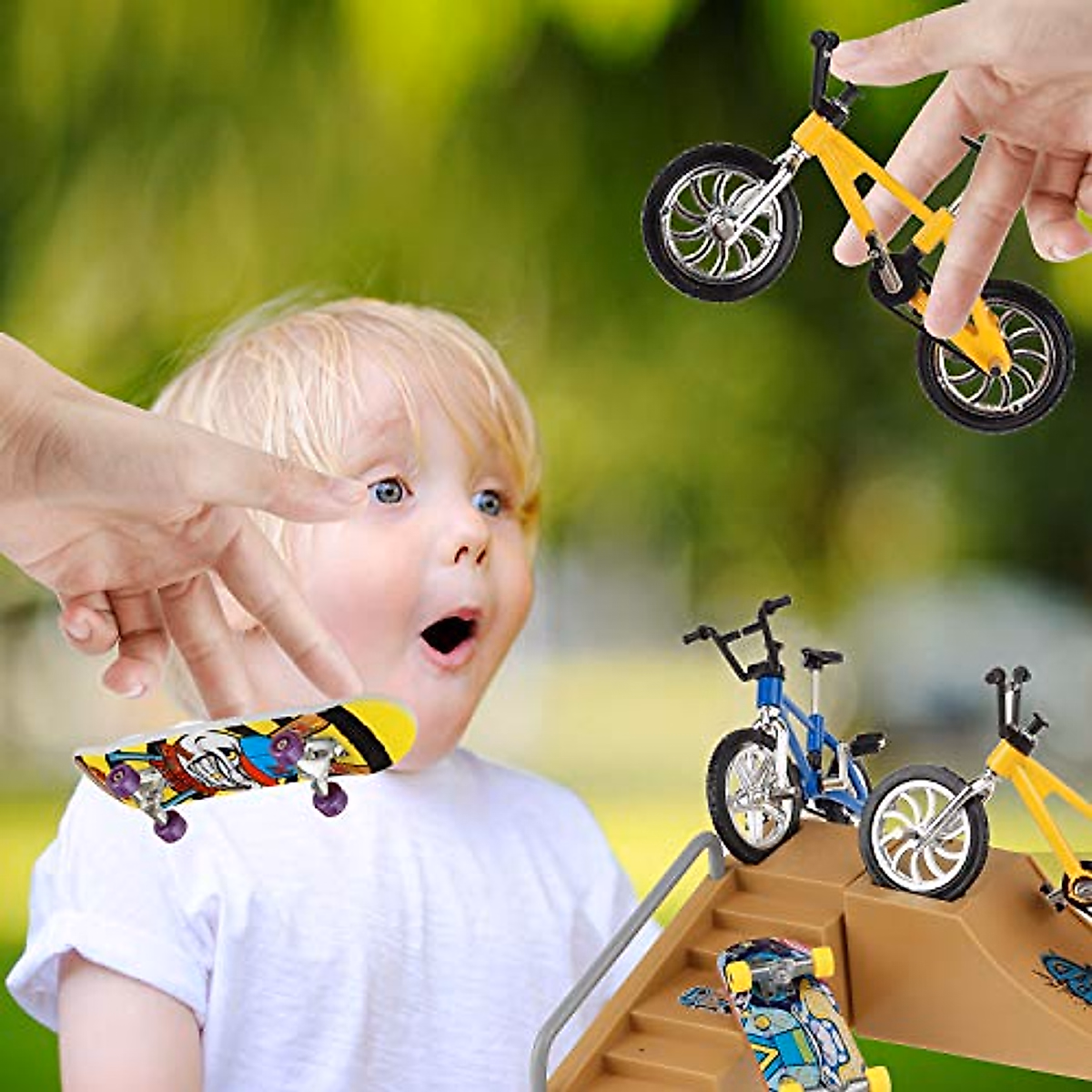 ideallife Mini Finger Toys Set, Mini Scooter Finger Skateboards Finger Bikes Tiny Swing Board with Replacement Wheels and Tools (18 Pcs)