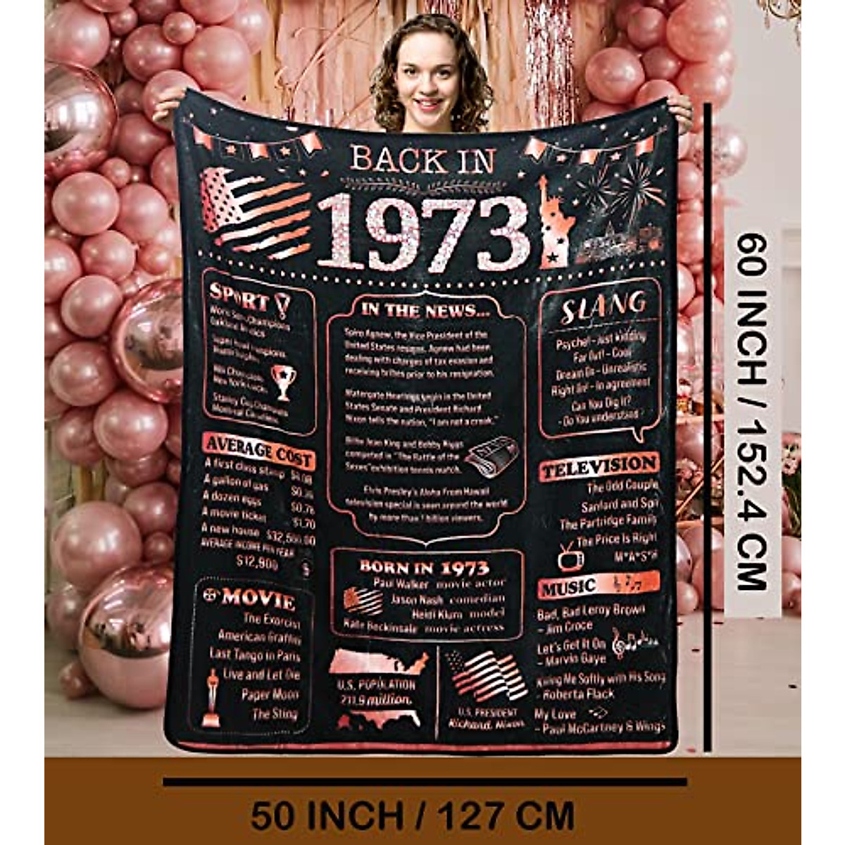 Henghere 50th Birthday Gifts for Women Friend, Mom, Grandma, Sister, Wife, Aunt, Coworker, Happy 50 Year Old Birthday Decorations Women | Blanket for Bed Sofa 60x50 Inches, Rose Gold