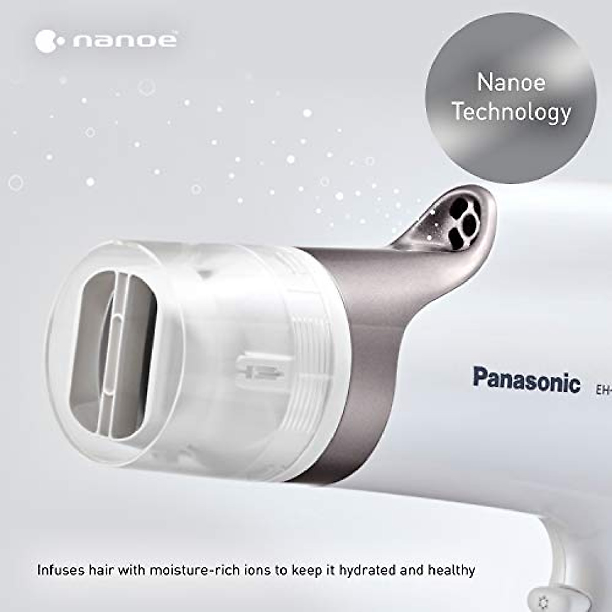 Panasonic Nanoe Salon Hair Dryer with Oscillating QuickDry Nozzle, Diffuser and Concentrator Attachments, 3 Speed Heat Settings for Easy Styling and Healthy Hair - EH-NA67-W (White)
