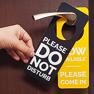 Do Not Disturb Door Hanger Sign 2 Pack Double Sided Black and Yellow, Please Do Not Disturb" and "Now Available- Please Come In". Ideal for Office Home Clinic Dorm Online Class and Meeting Sessions.