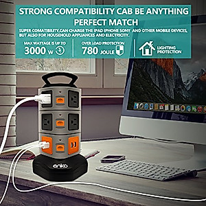 Power Strip Tower, ANKO 3000W 13A 16AWG Surge Protector Electric Charging Station, 10 Outlets 4 USB Ports 6 feet Heavy Duty Extension Cord Universal Charging Station