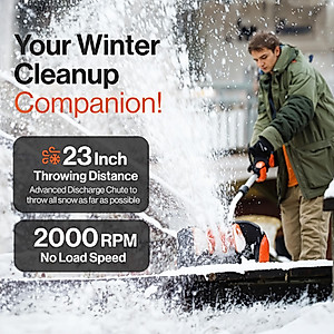 SuperHandy Electric Snow Thrower Adjustable Angle 17" Clearing Width 5.7" Intake Height 23' ft Throw Curved Serrated Blade 48V-2Ah Battery Portable Wheels Easy Maneuver Safety Switches Comfort Handle