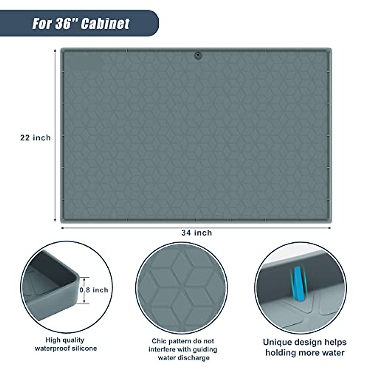 JOHAMOO Under Sink Mat Waterproof, 34" x 22" Silicone Kitchen Cabinet Liner, Bathroom Basin Cabinet Protector Drip Tray Gray