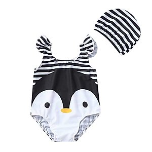Kehen- Kid Swinsuit Toddler Baby Boy Girl Swimwear 2pc Penguins Print Beach Romper + Hat Outfit Black 6-12 Months