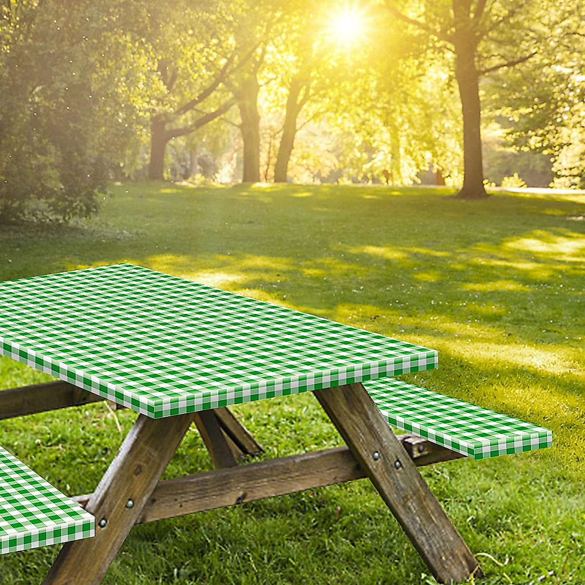 Picnic Table and Bench Fitted Tablecloth Cover, 3 Pack Set, KENOBEE Flannel Backing Elastic Edge Waterproof Wipeable Plastic Cover Fitted Vinyl Tablecloth for Home Goods Outdoor Patio,Green-White