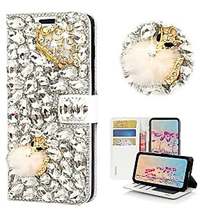 STENES Bling Wallet Phone Case Compatible with Samsung Galaxy Z Fold 2 5G - Stylish - 3D Handmade Crystal Crown Fox Magnetic Wallet Leather Girls Women Cover with Neck Strap Lanyard [3 Pack] - White
