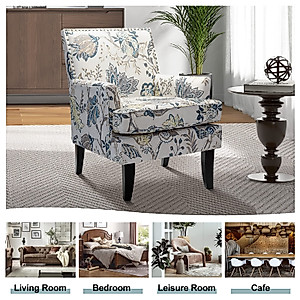 HULALA HOME Modern Accent Chair with Arms and Wooden Legs, Mid Century Accent Chair Armchair High Back Rest, Padded Armrest and Comfortable Cushioned Seat for Living Room (Blue Yellow Floral)