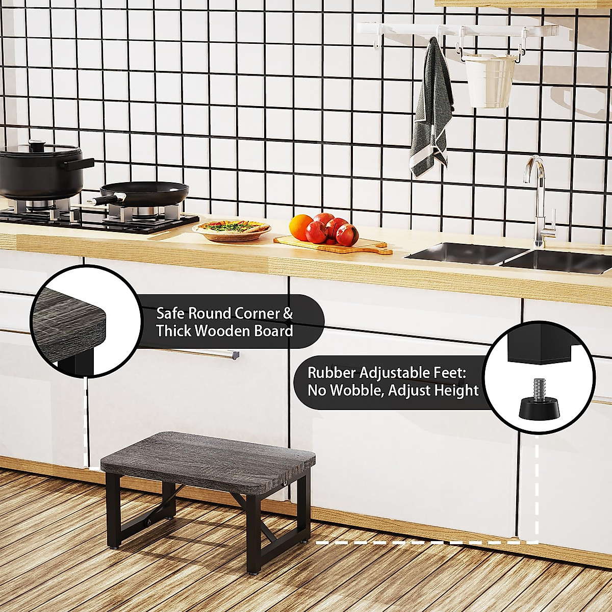 SZLHANJZ One Step Stool, Wooden Foot Stool for Adults, Small Stepping Stool for Bed and Closet, Heavy Duty Step for Kitchen, Dorm, and Indoor Use, Dark Gray