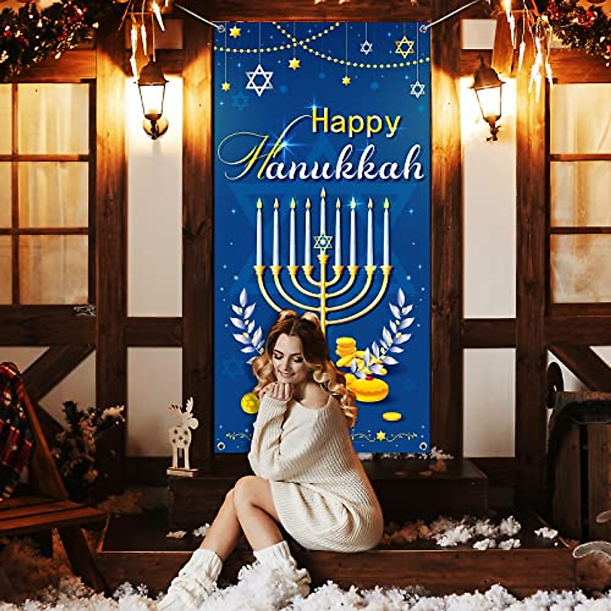 Happy Hanukkah Door Banner Chanukah Door Cover Hanukkah Banner Hanukkah Hanging Welcome Sign Banner Fabric Photography Prop for Jewish Festival Holiday Decorations Hanukkah Party Supplies