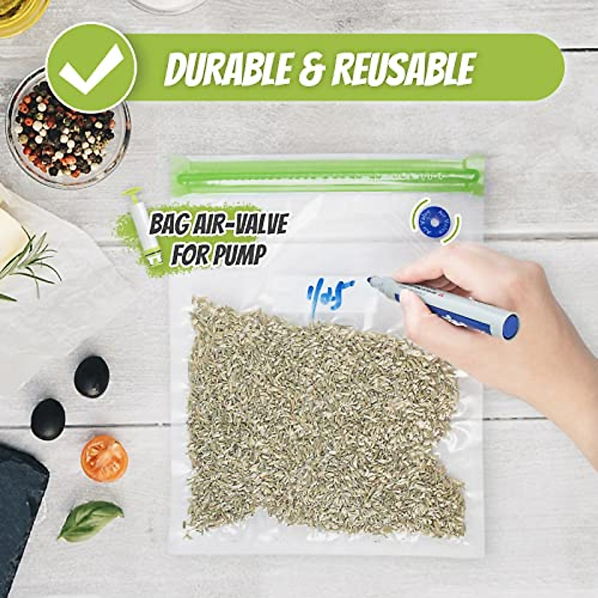 Sous Vide Bags Kit, RIIMONE 23 pack Reusable Vacuum Food Storage Bags with 3 Sizes Vacuum Food Bags,1 Hand Pump,5 Sealing Clips and 2 Clamps for Food Storage and Sous Vide Cooking