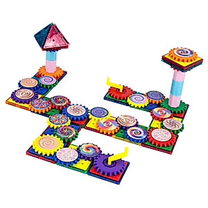 PicassoTiles 101 Master Builder Magnetic Building Block Toy Set Construction Magnet Tile Blocks Education Toys with 22 Optical Illusion Spinning Disk, 27 Gear Wheels and Engineering Columns PTW101