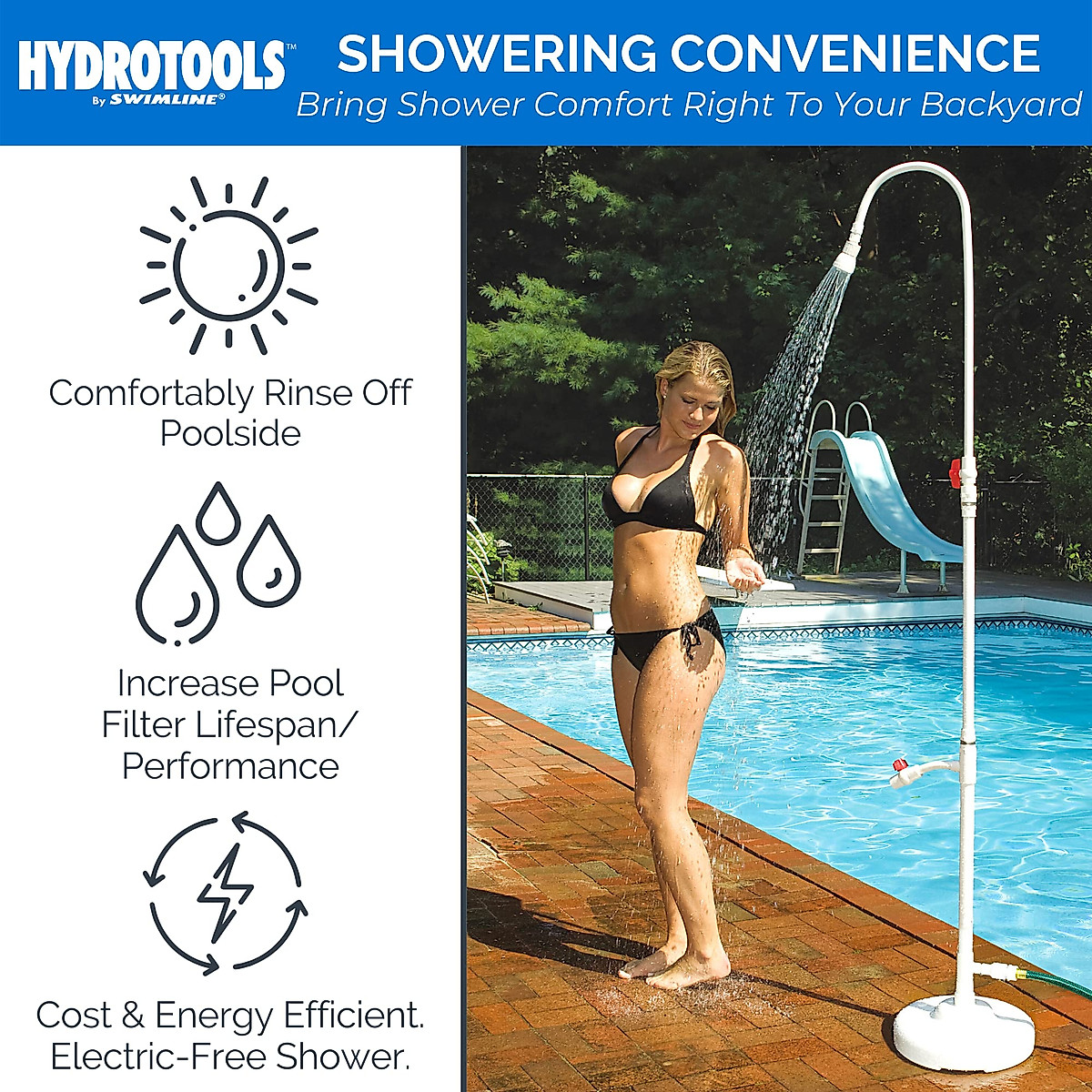 HYDROTOOLS By SWIMLINE Tube Style 7 Foot Poolside Shower, Adjustable Head & Foot Tap Spigot With Valve Controls, Standard Garden Hose, Environmentally Friendly, Outdoor Backyard Poolside Beach Spa