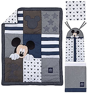 Disney Mickey Mouse 4 Piece Hello World Denim/Star/Icon Nursery Crib Bedding Set, Navy, Grey, White
