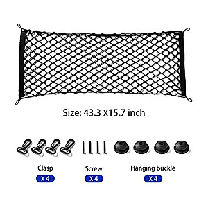 neynavy 1 Pack Car Adjustable Heavy Duty Cargo Net, 43.3" x 15.7" Double-Layer Standing Net, Stretchable Storage Mesh with Hooks, Item Storage Bag, Universal Vehicle Interior (Black)