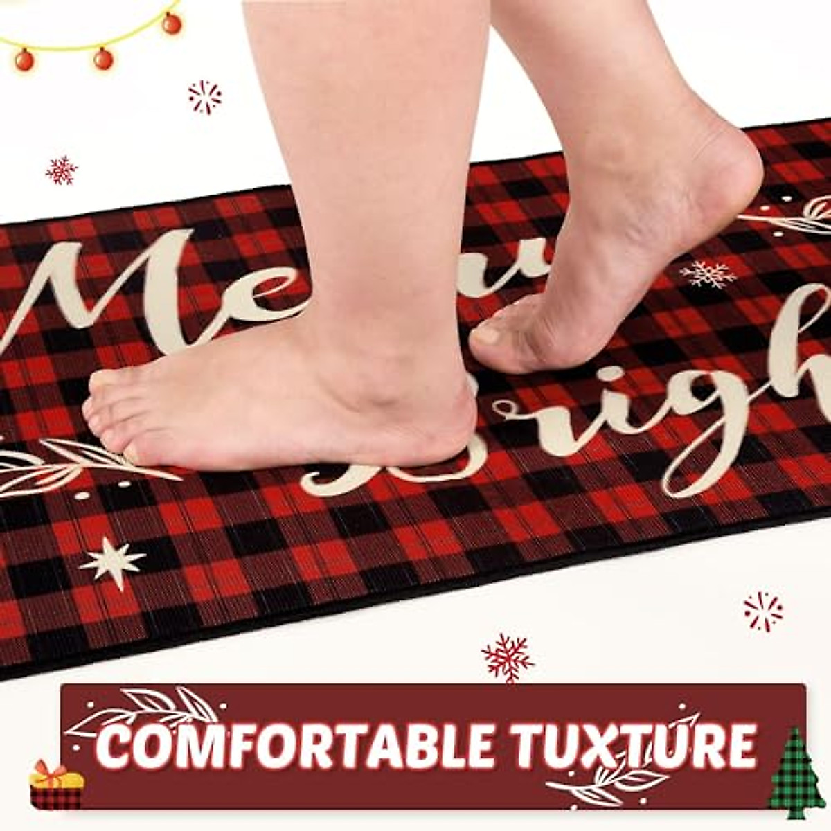 WERNNSAI Christmas Kitchen Mat - 2 Piece Kitchen Mats Set Red Buffalo Plaid Indoor Floor Mats Non-Slip Kitchen Backing Area Rugs Xmas Door Carpet for Home Christmas Decor (17’’ x 47’’+17’’ x 30’’)
