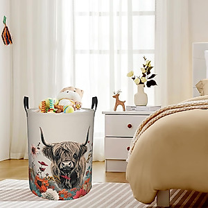 Highland Cow with Flowers Laundry Basket,Waterproof Laundry Hamper,Collapsible Organizer Basket for Storage Bin Toy Bins, Dirty Clothes Laundry Basket for Living Room/Bathroom/Bedroom
