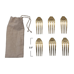 Creative Co-Op Stainless Steel Fork Cheese Markers with Drawstring Bag, Set of 6 Cutlery, Brass