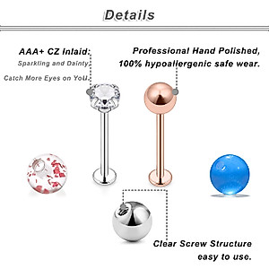 Ocptiy 16G Cheek Dimple Ring Piercing Jewelry Flat Back Tongue Ring Extra Long Lip Labert Medusa Monroe Ashley Ring Stud 16 Gauge Plastic Replacement Piercing Ball Jewelry Men Women Silver Black 16mm