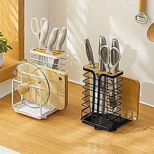 LINFIDITE Knife Block Holder Pot Lid Rack Cutting Board Organizer Holder Drying Rack with Draining Tray Kitchen Countertop Cabinet Pantry Bakeware Cookware Storage Stand Black
