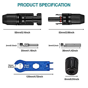 POWLAND Solar Connectors Male & Female IP67 Waterproof Solar Connector Kit, with 2PCS Blue Assembly Tool, Work for Mounted Solar Panel (5 Pairs)